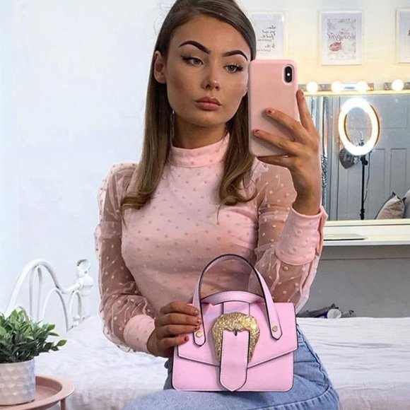 Tops | Pink Polka Dot Long Sheer Sleeve High Neck Top | Poshmark